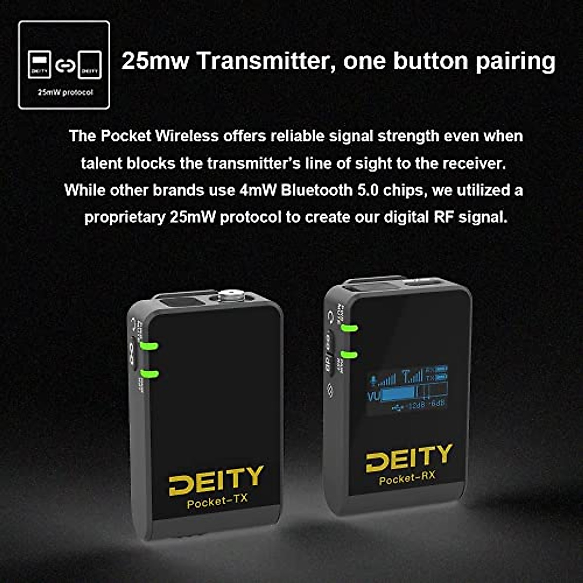 Deity Pocket Wireless Microphone System (Pocket TX + Pocket RX) OLED Display 3.5 mm Audio Input Compatible with DSLR Cameras, camcorders, Android Smartphones, Laptop, PC Black