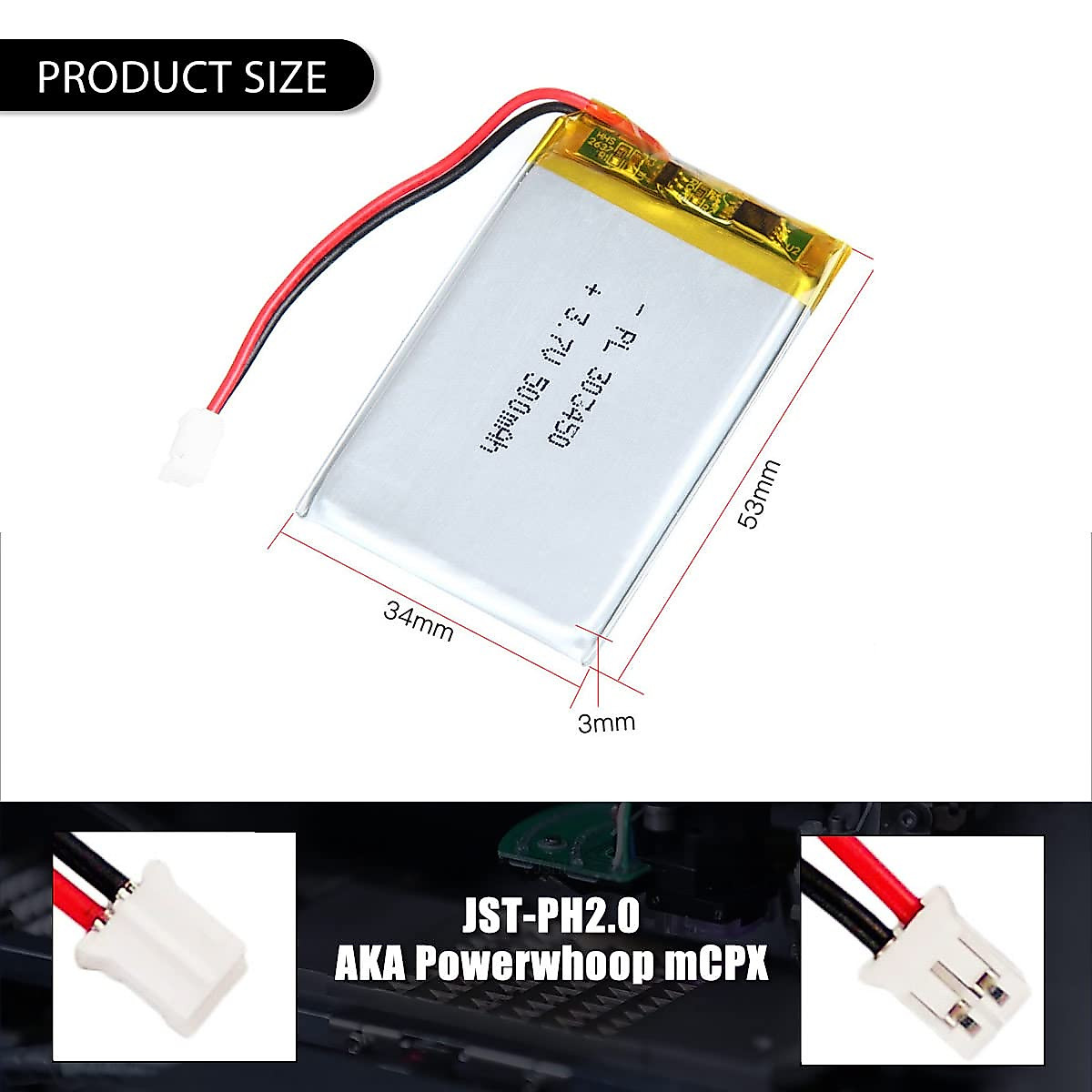 AKZYTUE 3.7V 500mAh 303450 Lipo battery Rechargeable Lithium Polymer ion Battery Pack with PH2.0mm JST Connector