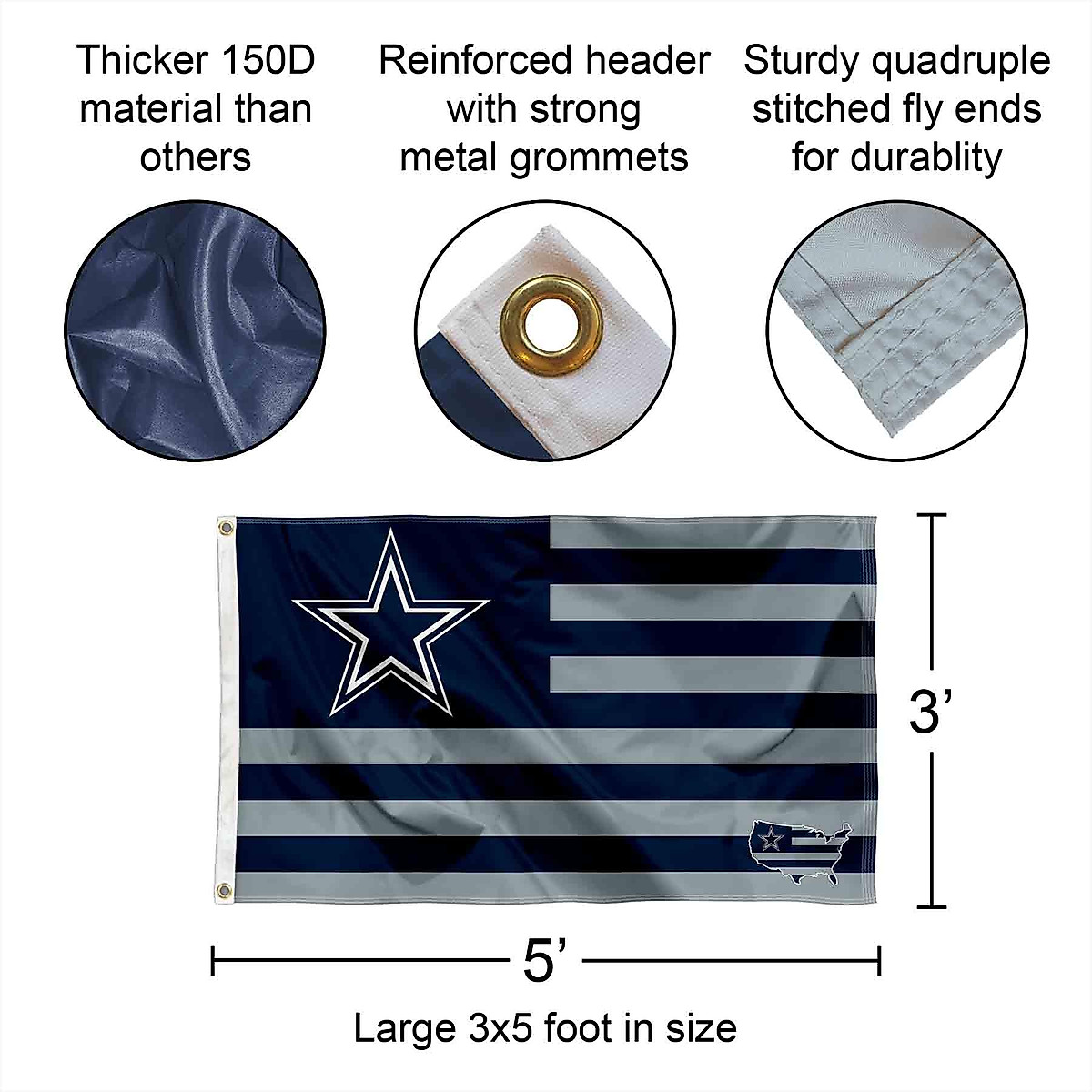 WinCraft Dallas Cowboys USA American Nation Stripes 3x5 Grommet Flag