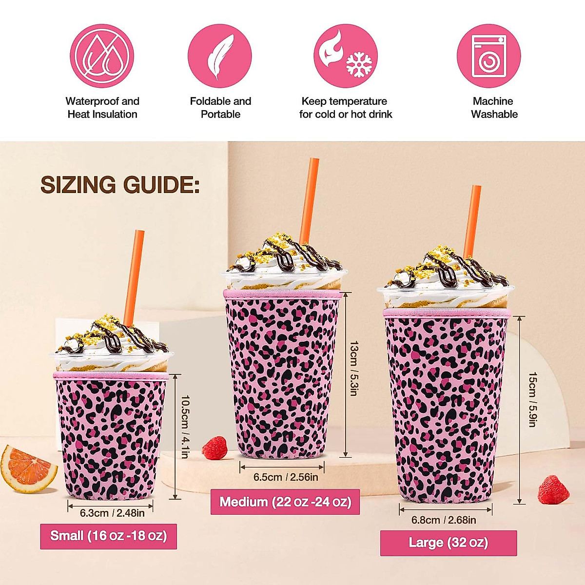 Iced Coffee Cup Sleeve for Large Sized Cups, Reusable Neoprene Iced Coffee Cup Holder for Hot Cold Drinks, Compatible with Starbucks, Dunkin Donuts, and More (Pink Leopard)