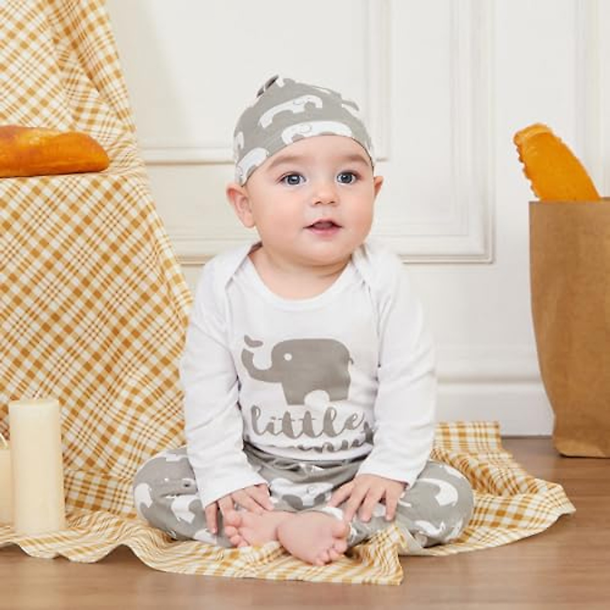 Rarjuiey 3Pcs Newborn Baby Boy Girl Elephant Outfits Long Sleeve Little Peanut Romper Bodysuit+Pants+Hat