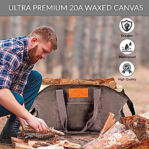 Longridge Extra Large Firewood Log Carrier Bag Tote with Leather Gloves. Durable Waxed Canvas,Handles and Shoulder Strap. Home,Camping or Gift,Grey Waxed Canvas,24 x12x12.6