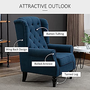 HOMCOM Button-Tufted Accent Chair with High Wingback, Rounded Cushioned Armrests and Thick Padded Seat, Blue