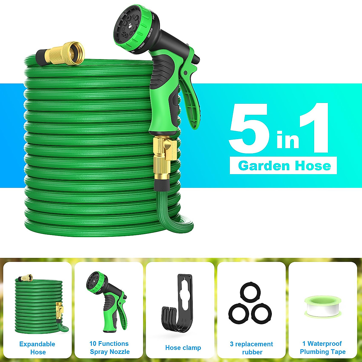 100ft Expandable Garden Hose with 10 Function Nozzles, New Water Hose with 50 Layers Innovative Nano Rubber, 3/4" Solid Brass Fittings, Flexible Hose Expanding Hose