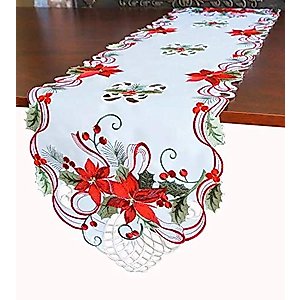 Holiday Christmas Table Runner 13"x54", Cutwork Embroidered Floral Christmas Flower Dresser Sacrf Table Topper for Home Dining Xmas Table Top Decoration