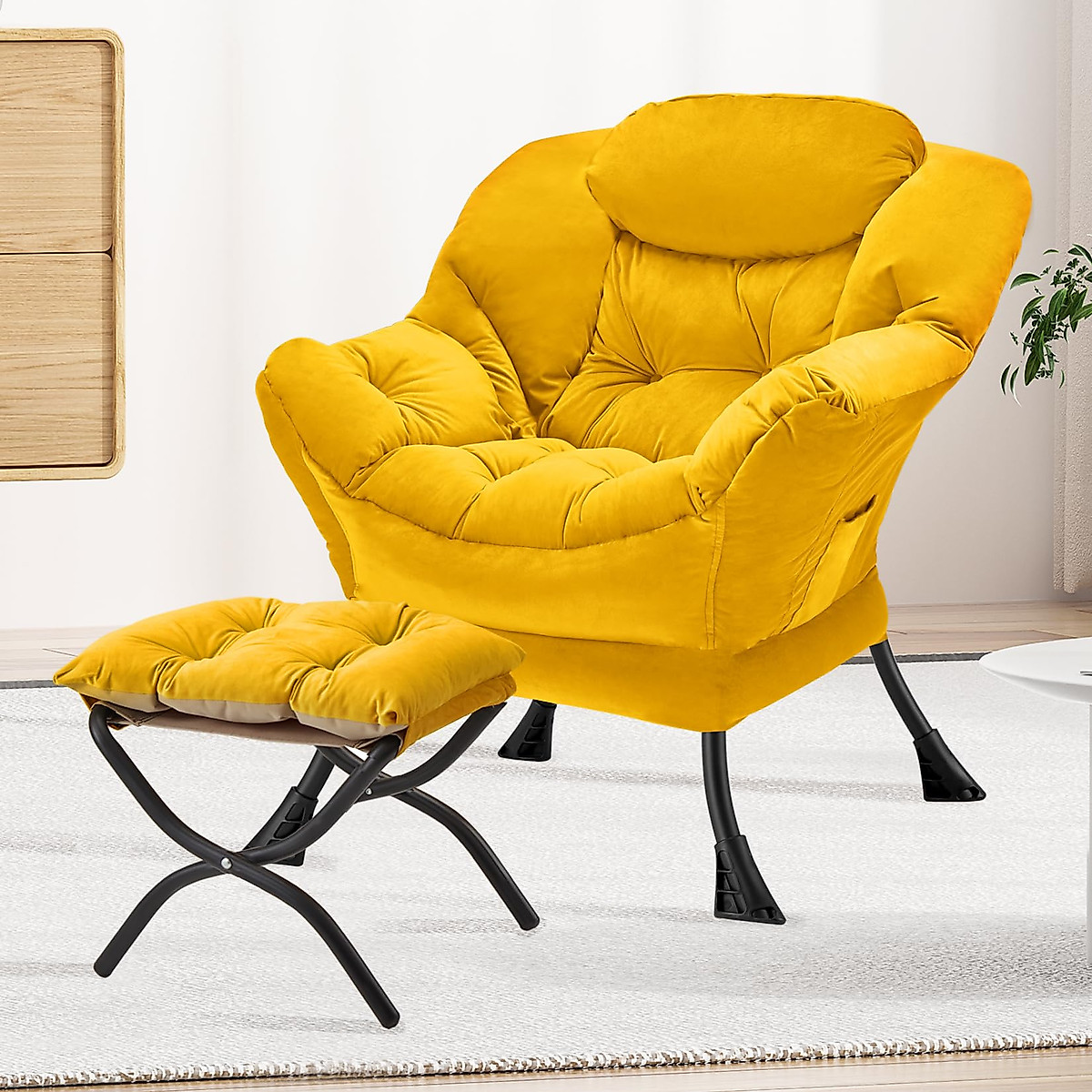 Congermom Lazy Chair with Folding Ottoman Modern Large Accent Chair,Contemporary Lounge Leisure Sofa Chair with Armrests Upholstered Sofa Armchair Reading Chair for Bedroom,Dorm & Office,Yellow