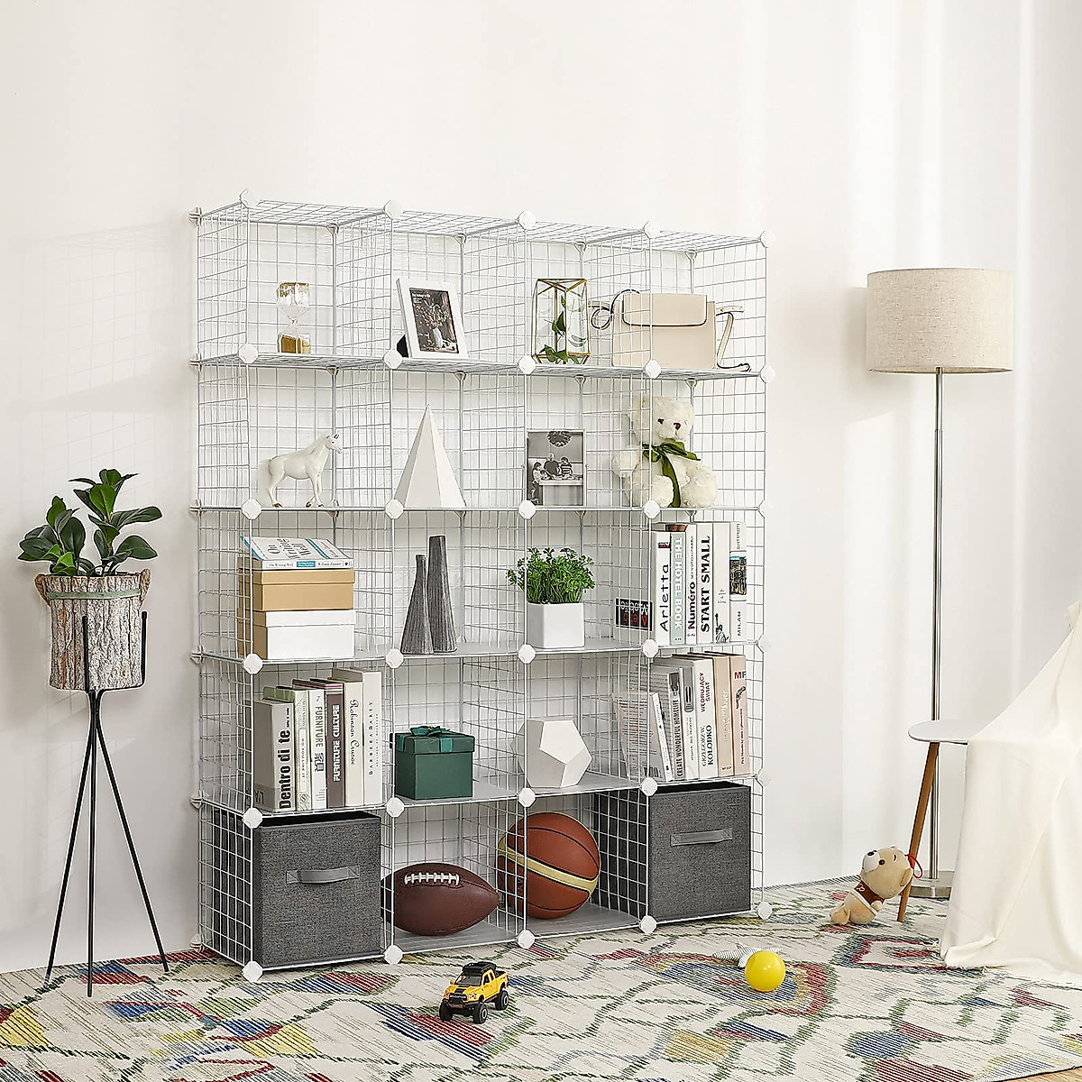 SONGMICS Wire Cube Storage, 20-Cube Modular Rack, Storage Shelves, PP Plastic Shelf Liners Included, 48.4" L x 12.2" W x 60.2" H White ULPI45W