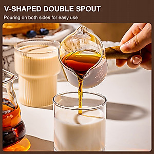 PARACITY Espresso Cups with Wood Handle, Double Spout Glass Measuring Cup with Dual Scale, Espresso Shot Glass with V-Shaped Mouth, Clear Glass Espresso Accessories, Milk Frothing Pitcher 3.5OZ