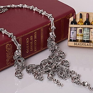 FLD Halloween Women's Antique Silver Multi layered Pirate Skull Tassel Charm Necklace Collar and Fashion Jewelry Skull Bracelet Collar Women's Terror Necklace