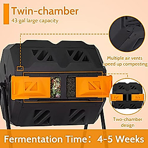 43 Gallon Compost Bin Outdoor Compost Tumbler Outdoor Composting Bin with Dual Chamber Sliding Doors, Tumbling Composter Outdoor, Manual Tiller Composters Tumbling or Rotating Outdoor