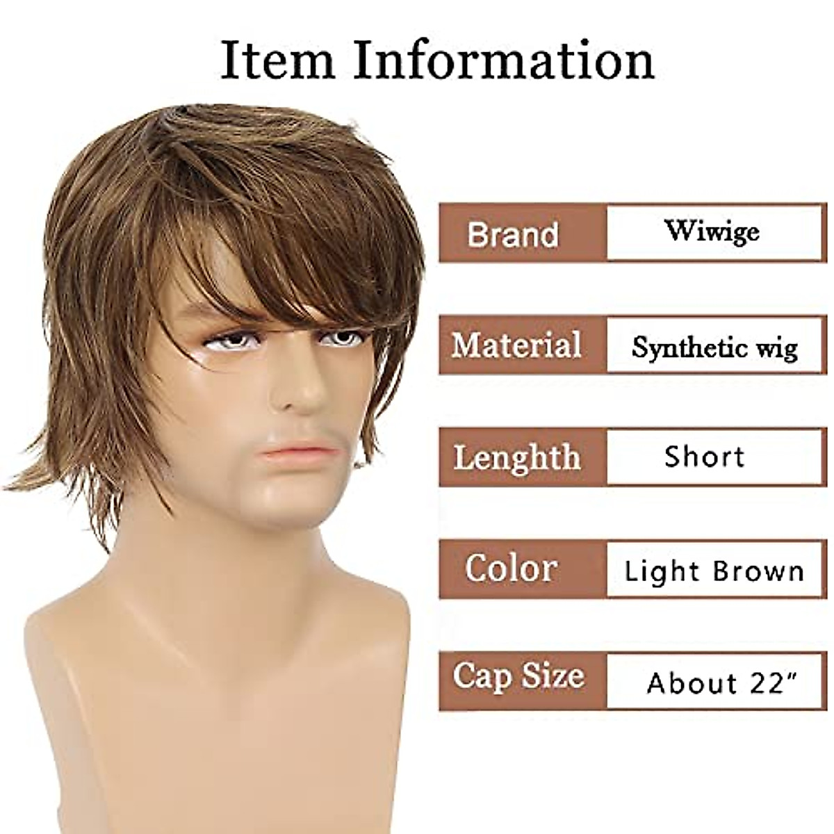 Wiwige Mens Wig Light Brown Short Layered Natural Fluffy Wig Synthetic Heat Resistant Halloween Cosplay Hair Wig