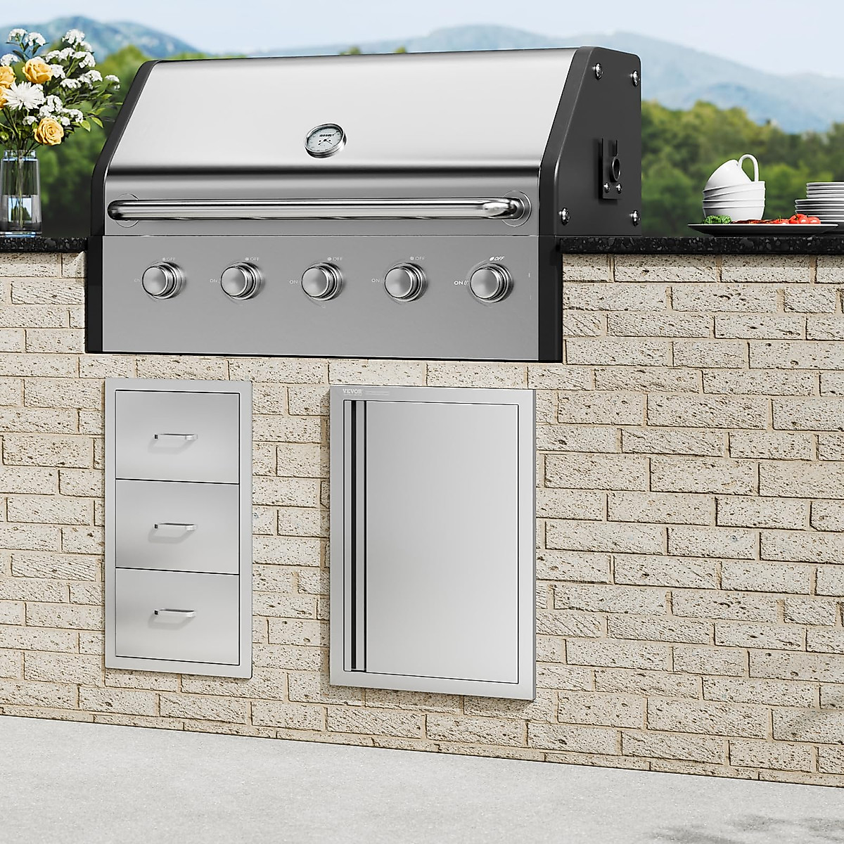 VEVOR BBQ Access Door 17W x 24H Inch, Vertical Single BBQ Door Stainless Steel with Recessed Handle, Outdoor Kitchen Doors for BBQ Island, Grill Station, Outside Cabinet