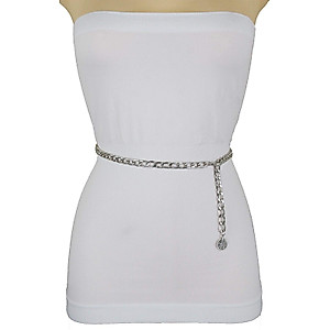 Women Fashion Skinny Belt High Waist Hip Silver Metal Chain Coin Charm Buckle Fit Size XS S M