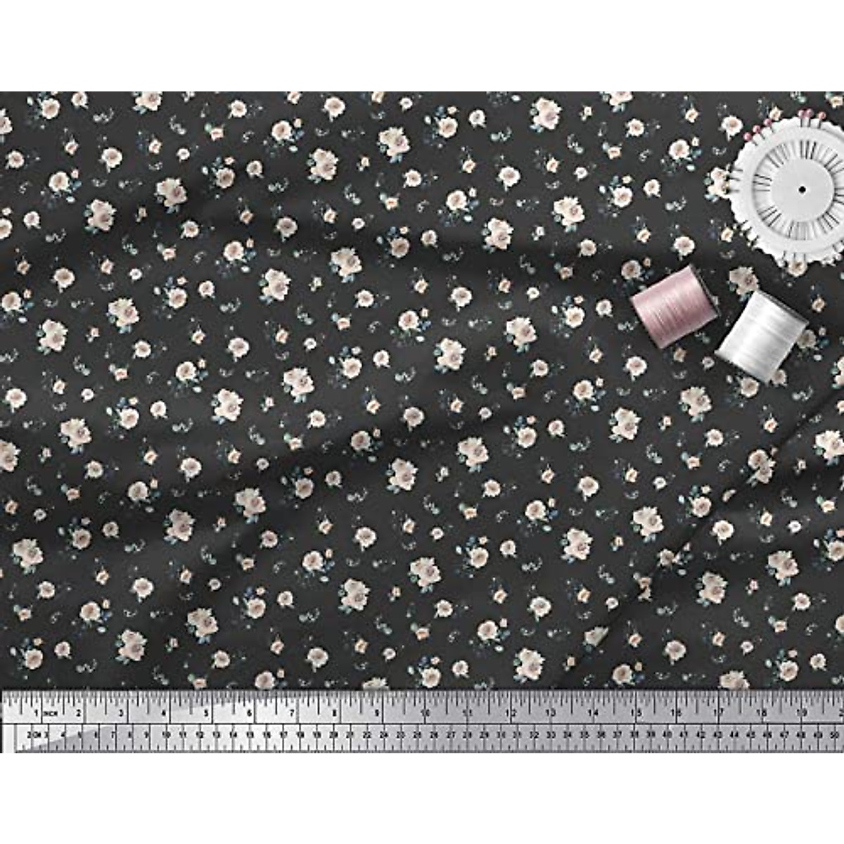 Soimoi Black Cotton Canvas Fabric Leaves & Rose Floral Print Fabric by The Yard 58 Inch Wide