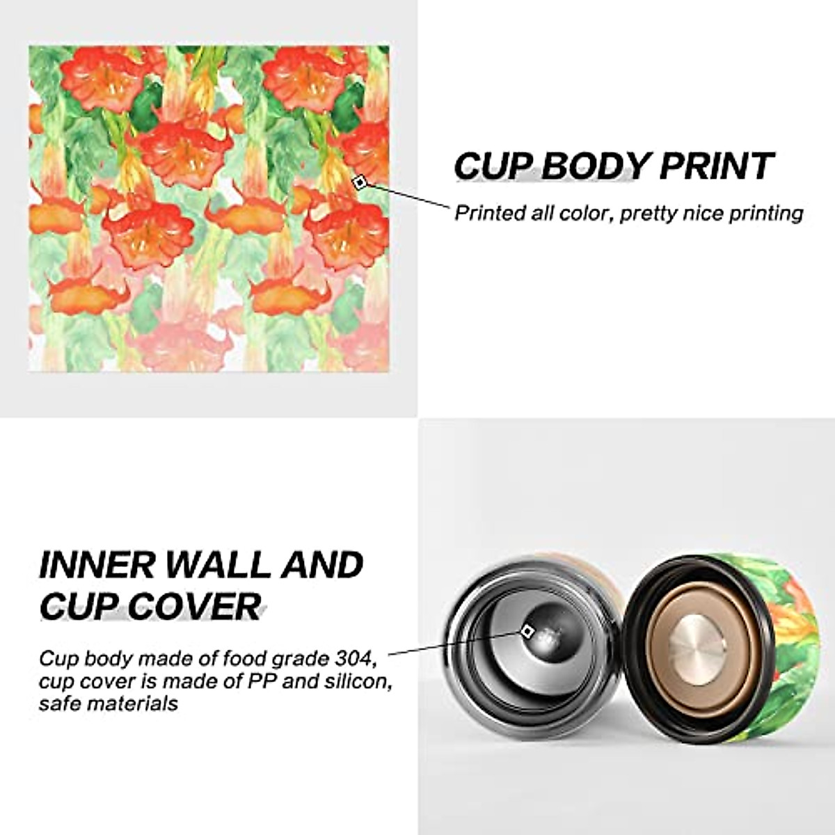 CaTaKu Watercolor Flower Water Bottle Insulated 16 oz Stainless Steel Flask Thermos Bottle for Coffee Water Drink Reusable Wide Mouth Vacuum Travel Mug