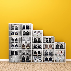 Hourleey 12 Pack Shoe Storage Box, Clear Plastic Stackable Shoe Organizer for Closet, Space Saving Foldable Shoe Rack Sneaker Containers Holders with Lids