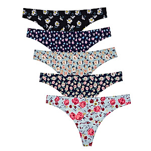 Seamless Women Underwear Thongs Multipack,No Show Ladies Thong,Invisible No Line Breathable Comfortable Panties Undies,Womens No Seam Soft Wide Gusset Tanga,Floral Microfiber Legging Underpants,5-Pack