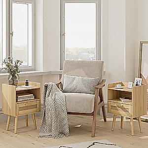 Masupu Night Stand,Bedside Table with PE Rattan Decor Drawer,End Table with Solid Wood Legs, Rattan Furniture,Side Table with Drawer Open Shelf,Rattan Nightstand for Bedroom,Living Room