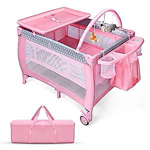 BABY JOY 3 in 1 Portable Pack and Play with Bassinet, Convertible Baby Travel Crib Playard with Changing Table, Brake Wheel, Newborn Napper with Large Capacity Storage Shelf, Oxford Carry Bag