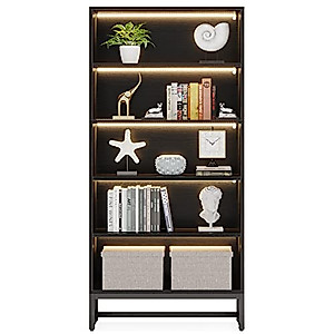 LED Bookcase, 70.8” Tall Bookshelf with Closed Back Shelf, 5-Tier Large Bookcases Organizer with Storage Shelves, Heavy Duty Freestanding Library Book Cases Shelving Unit for Living Room, Bedroom