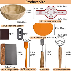 GUXVNE 16PCS Bread Proofing Basket Kit,9 In Round Sourdough Proofing Basket,Proofing Set,Sourdough Bread Baking Supplies with Dough Whisk,Linen Liner,Dough Scraper,Bread Lame,Silicone Bread Sling