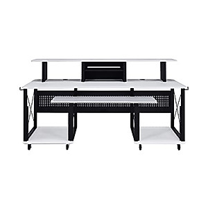 Acme Furniture Megara 72" x 30" Rectangular Metal Storage Music Desk, Included Wheels, Multiple Functional & Storage Spaces, in White and Black Finish