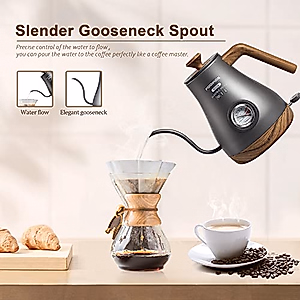 Fooikos Gooseneck Electric Kettle with Thermometer - 1.0L 304 Stainless Steel Water Kettle for Coffee and Tea Brewing -800W Fast Heating in 4 Minutes(Grey)