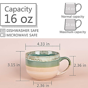 Bosmarlin Large Ceramic Coffee Mug Set of 2, Stoneware Jumbo Latte Mugs for Office and Home, 16 Oz, Dishwasher and Microwave Safe(Green, 2)
