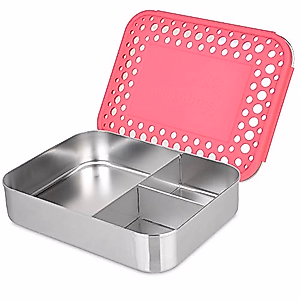 LunchBots Large Trio Stainless Steel Lunch Container -Three Section Design for Sandwich and Two Sides - Metal Bento Lunch Box - Eco-Friendly - Stainless Lid - Pink Dots