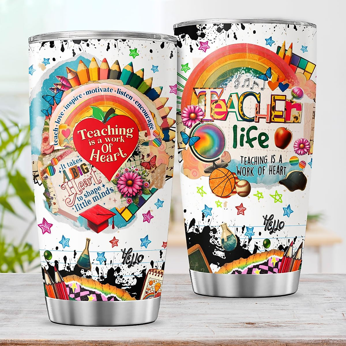 Teacher Gifts, Appreciation For Pack Women Tumblers Teachers Gift Stainless Coffee Steel Music Cups, Teacher Life A Big Heart, Tumbler 20 Oz With Lid And Straw