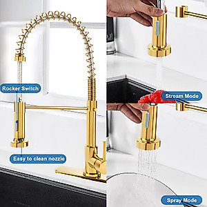 M OUDEMEI Commercial Pull Down Kitchen Sink Faucet with Dual Function Sprayer, Single Handle Spring Faucets with Deck Plate, High Arc Kitchen Faucet for 1 OR 3 Hole Easy Installation (Polished Gold)