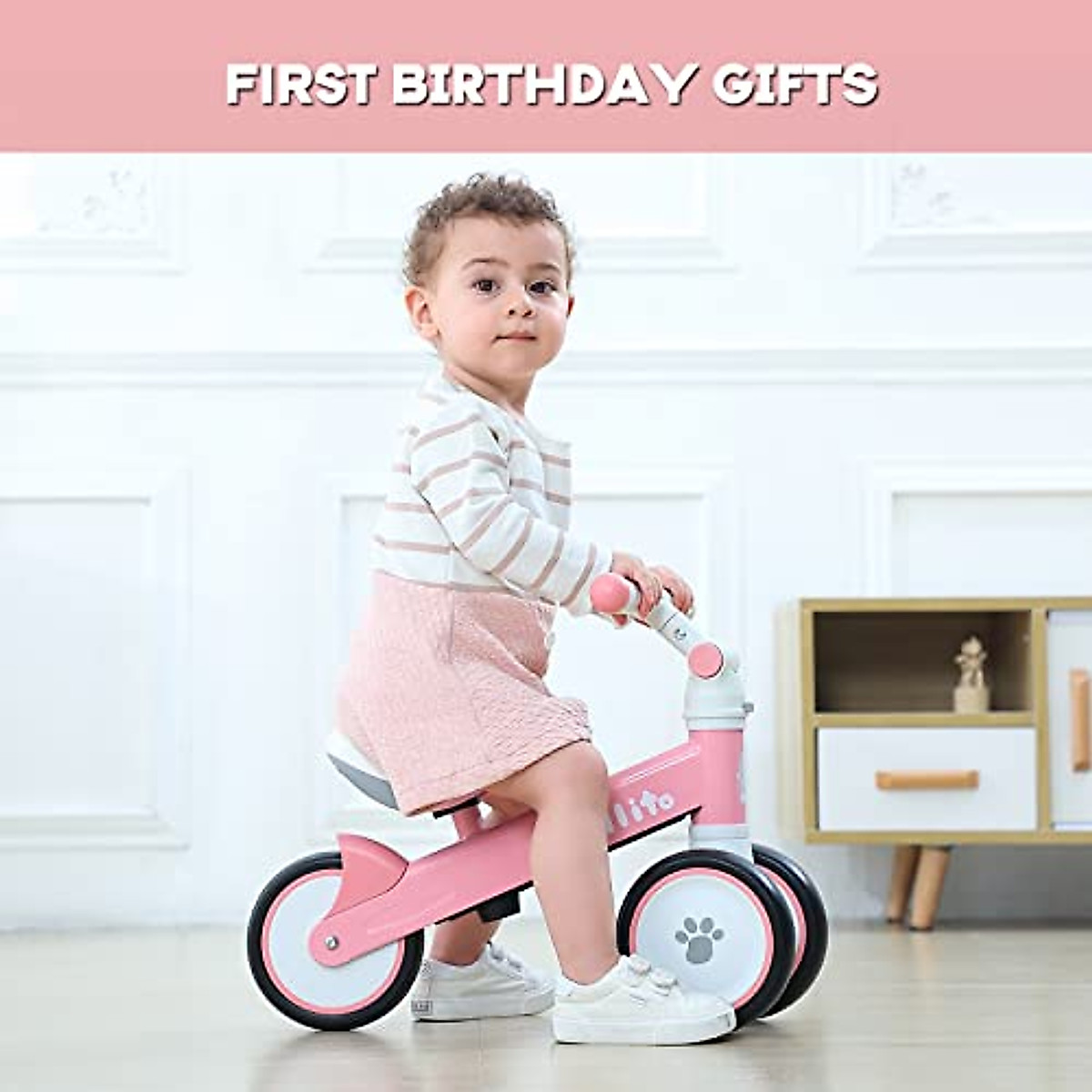 JOLLITO Baby Balance Bike, Adjustable Toddler Bicycle 12-24 Months, Best Birthday Gifts Toys for 1 Year Old Boys Girls, 3 Wheel, Pink
