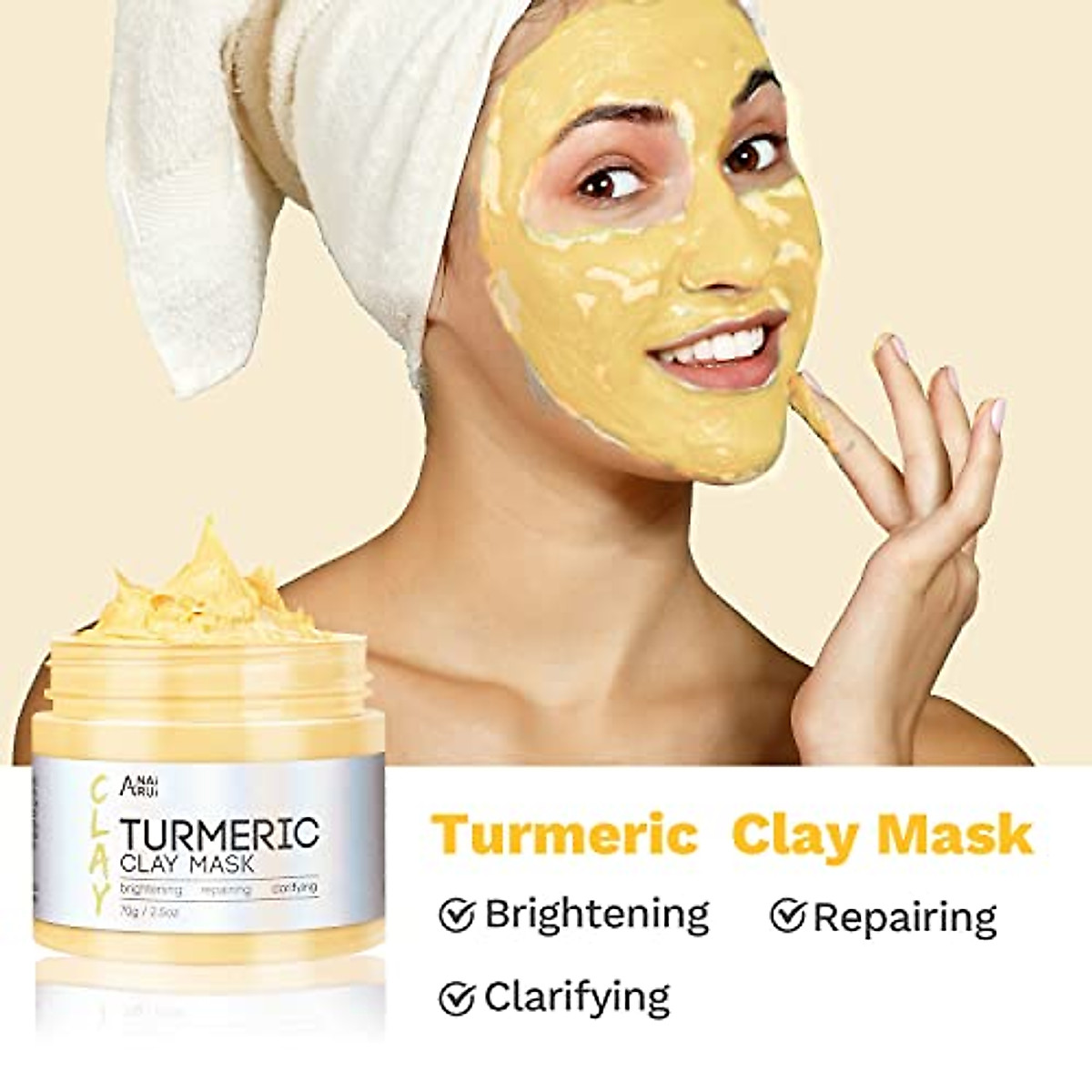 ANAI RUI Turmeric Clay Mask - Green Tea and Dead Sea Minerals, Spa Facial Mask Set for Pore Treatment/Smooth/Clarify, Indoor Use, 2.5 oz each