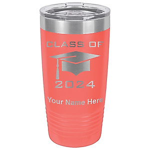 LaserGram 20oz Vacuum Insulated Tumbler Mug, Grad Cap Class of 2023, 2024, 2025, 2026, 2027, Personalized Engraving Included (Coral)