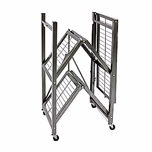 Origami 3 Shelf Foldable Storage Unit on 3" Caster Wheels, Unfolds in 5 Seconds, Holds up to 750 Pounds, Metal Organizer Wire Rack, 29" x 13" x 38", Heavy-Duty - Pewter