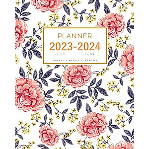 Planner July 2023-2024 June: 8x10 Large Notebook Organizer with Hourly Time Slots | Vintage Leaf Flower Design White