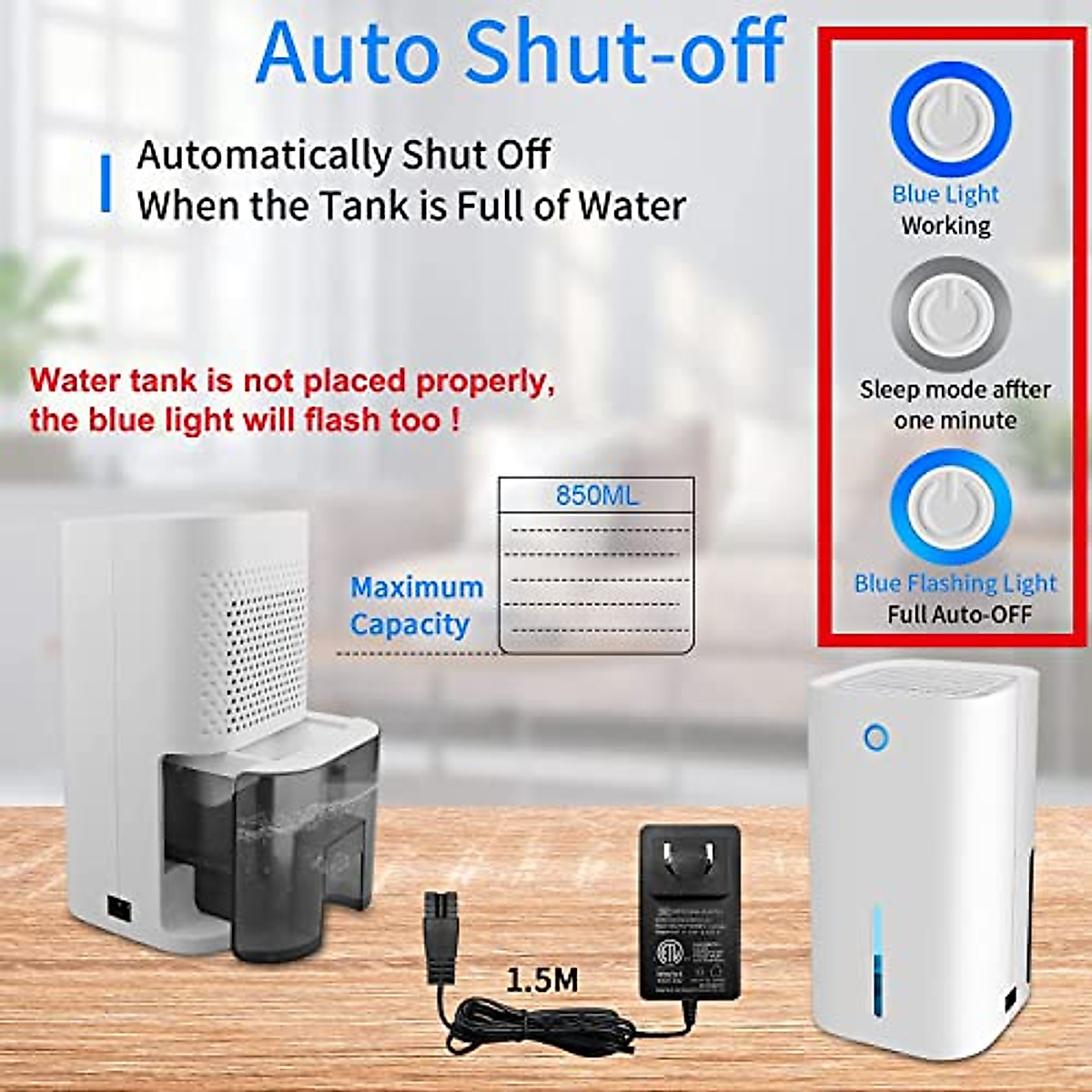 Small Quiet Dehumidifiers 30oz 850ml Portable Electric Dehumidifier with Smart Features Auto-Off for Damp Home, Room, Bedroom, Bathroom Wardrobe, Basement, Office