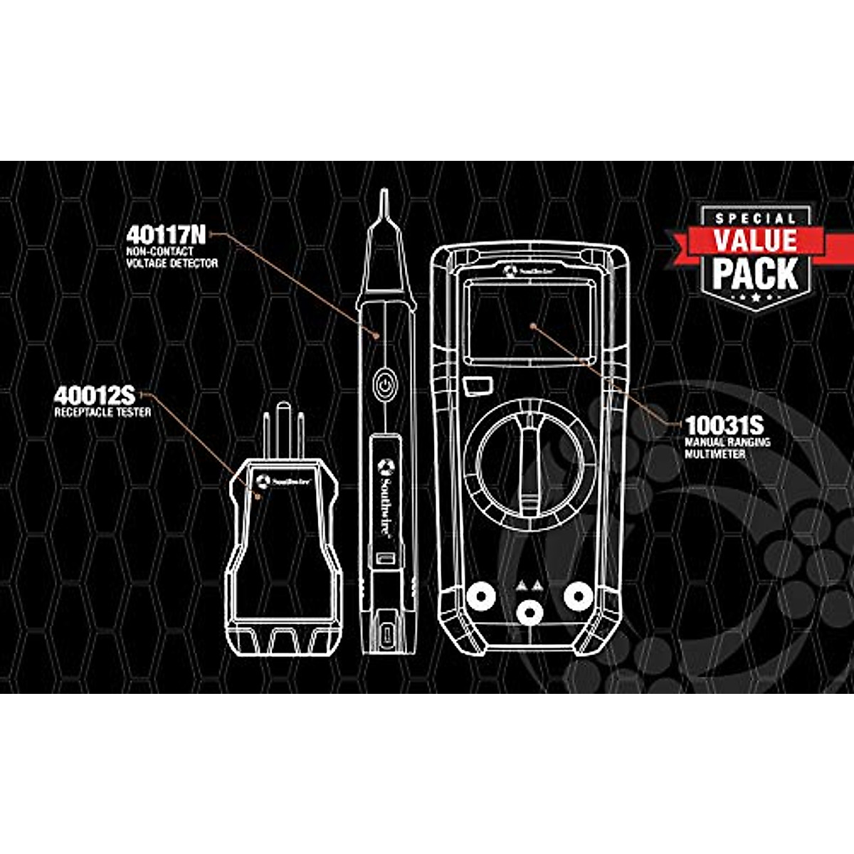 Southwire 10037K Electrical Test Kit with Full-Function Multimeter Non-Contact Voltage Detector and Outlet Tester Includes Test Leads and Batteries,Brown
