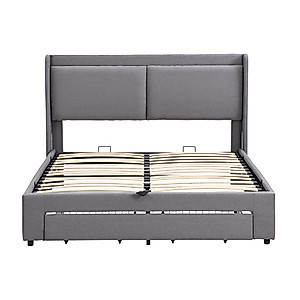 Queen Size Upholstered Platform Bed with Lift Up Hydraulic Storage System, Linen Upholstered Storage Platform Bed Frame with 2 Drawers for Bedrooms Guest Rooms, Sturdy Slats Support (Grey-US)