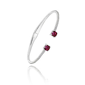 Sterling Silver Synthetic Ruby & White Sapphire Cushion-Cut Dainty Bangle Cuff Bracelet for Women