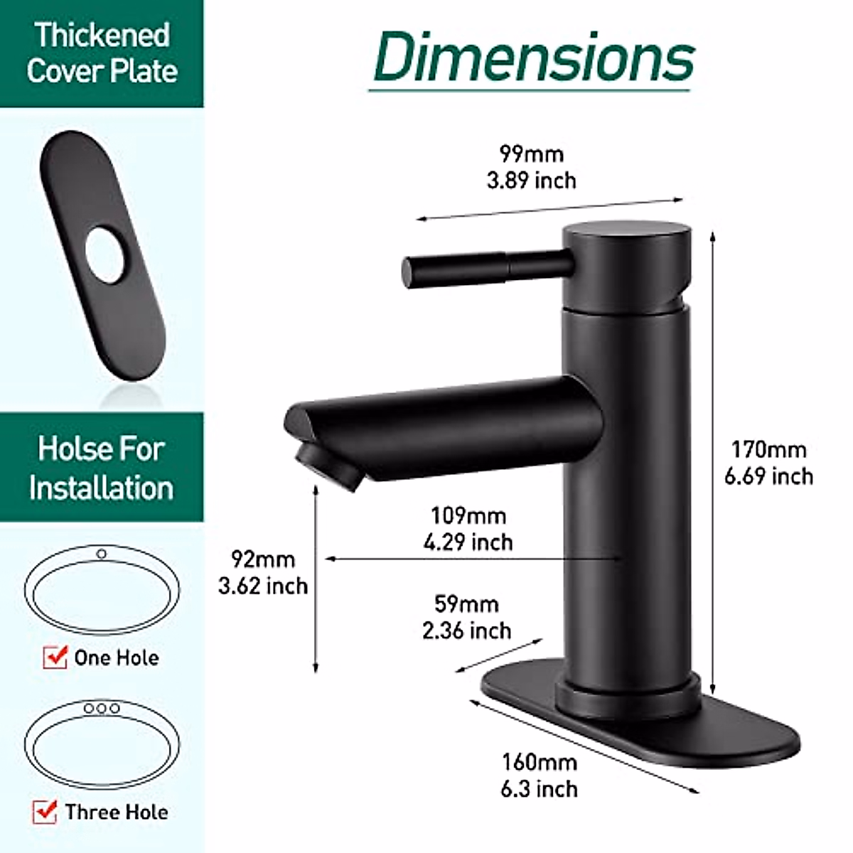 Black Bathroom Faucet Single Hole RV Bathroom Faucet Stainless Steel Bathroom Sink Faucet 1 Hole with 3 Hole Deck Plate，Water Supply Lines with cUPC Certification
