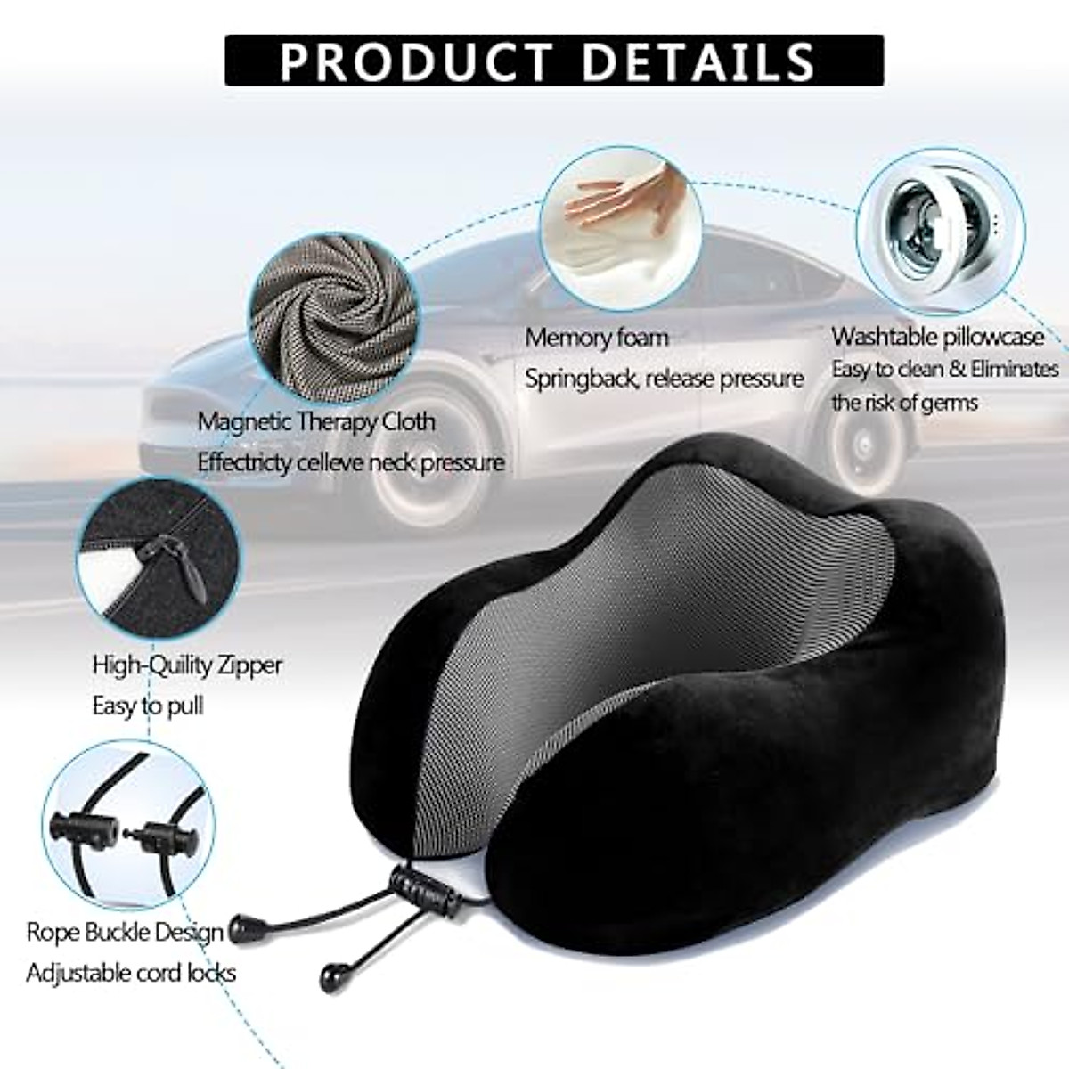 KIKIMO Travel Pillow for Tesla Model 3/Y/S/X Accessories, Memory Foam Neck Pillow for Airplane/Car/Office&Home Rest Use, Head Support Comfortable Portable Travel Pillows Kit