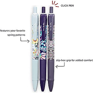 Vera Bradley Black Ink Pen Set of 3, Colorful Retractable Pens, Plastic Click Pens with Zip Pouch, Summer 20 Medley