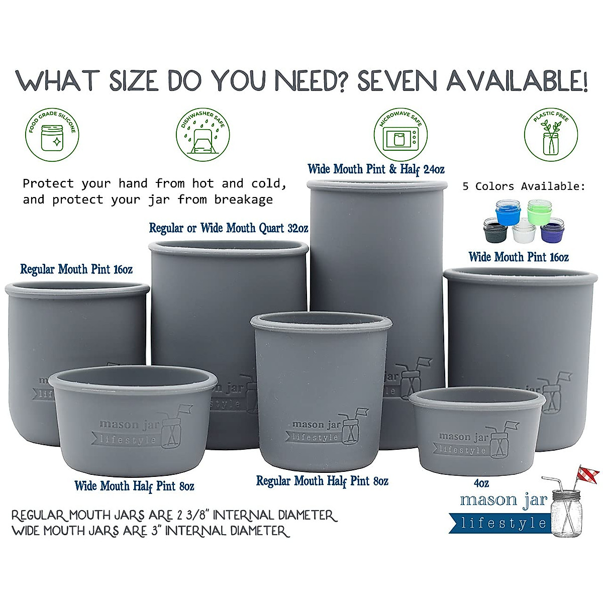 Quart 32oz Silicone Sleeves/Jackets for Protecting Ball, Kerr, Canning Jars by Mason Jar Lifestyle (Charcoal Gray, 2 Pack)