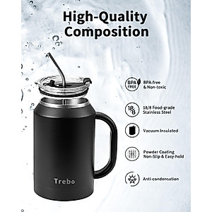 Trebo 50 oz Stainless Steel Mug Tumbler with Handle, Vacuum Insulated Large Iced Coffee Cup with Lids and Straws,Reusable Water Bottle Trave Flask Jug Keeps Drinks Cold up to 36 Hrs,Sweat Proof,Black