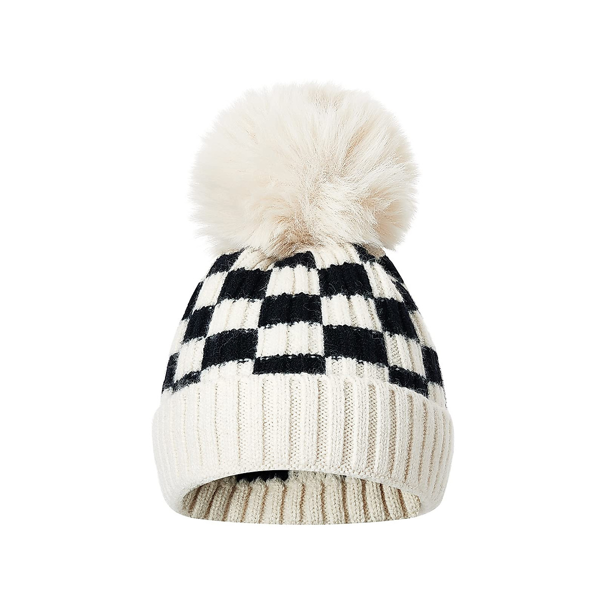 vchoohce Toddler Kids Baby Beanie Hat Knitted Thick Winter Caps Cute Checkerboard Pompom Hats for Girls Boys 1-4 Years Old (Plaid-White,1-4 Years)