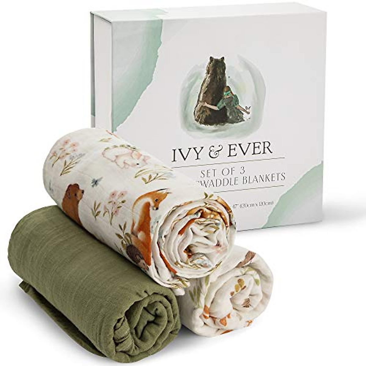 IVY & EVER Organic Cotton Muslin Swaddle Blankets Unisex - Woodland Baby Swaddle Wrap Nursery Receiving Blankets Neutral - Baby Swaddle Blanket 47 x 47 inches Woodland Receiving Blankets 3 Pack