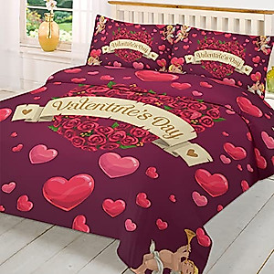 3 Pieces Bedding Set Full Size, Valentine's Day Soft Durable Duvet Cover Set Comforter Cover Set with Zipper Closure&Corner Ties All-Season Breathable Bedding Set Pink Red Love Heart Roses Romantic