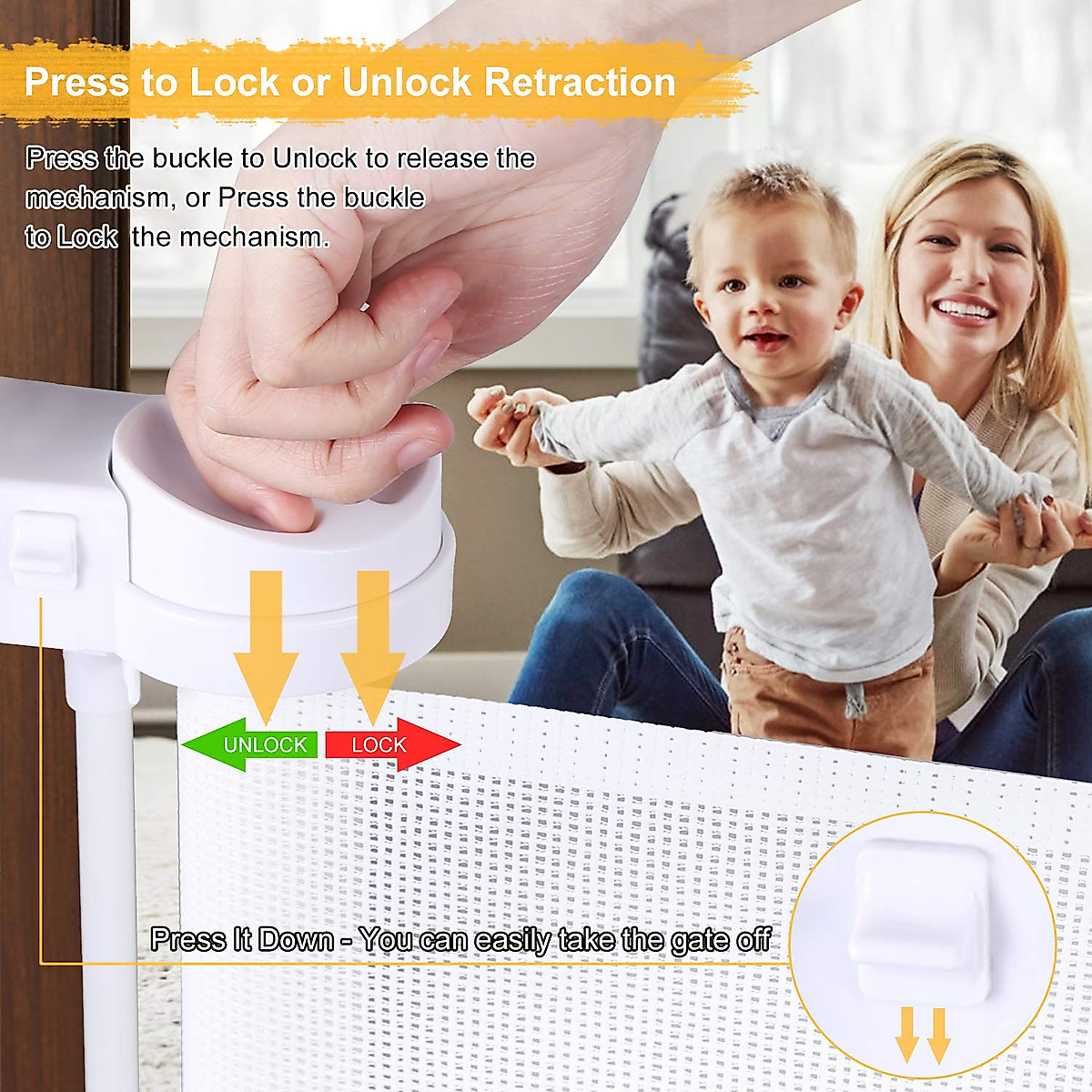 Mesh Retractable Gates for Babies and Pets, PRObebi Safety Baby Gate for Indoor/Outdoor/Stairs/Doorways/Deck/Banisters (130cm/52 inch)