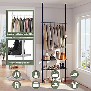 DYN Ptah Floor to Ceiling Adjustble Garment Rack, Heavy Duty Clothes Rack with 2 Shelves, Free Standing Clothing Hanger Tension Rod Cloth Storage Rack Black